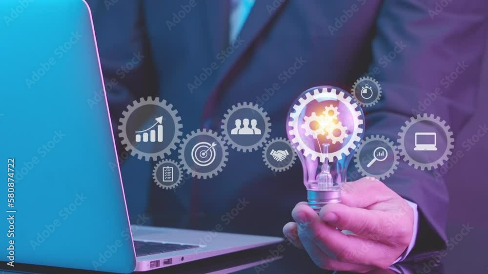 Businessman showing virtual screen of gear cog icon present operation management involving ...