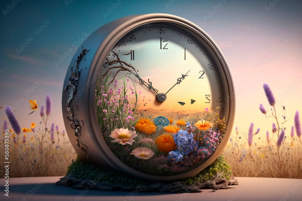 ภาพประกอบสต็อก Flower clock. Generative AI. Concept of time, change of ...