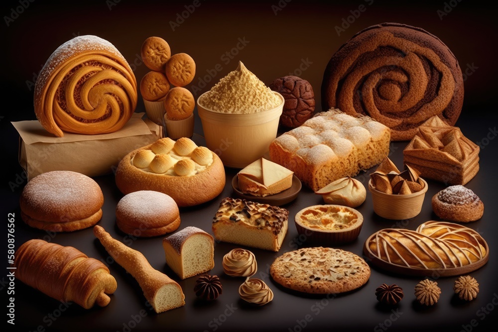 a range of baked goods including bread loaves, buns, rolls, and Danish ...