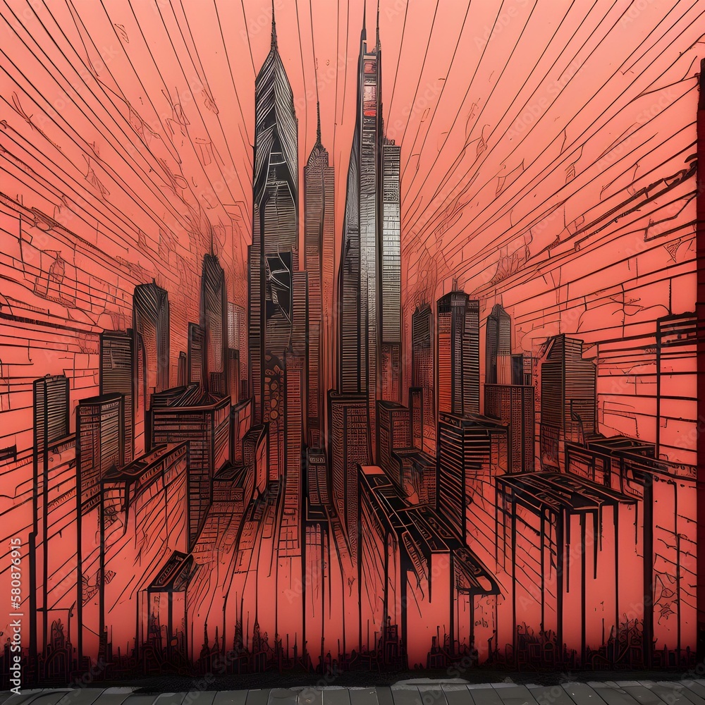 the silhouette of a megalopolis, a city on a red background, graffiti ...