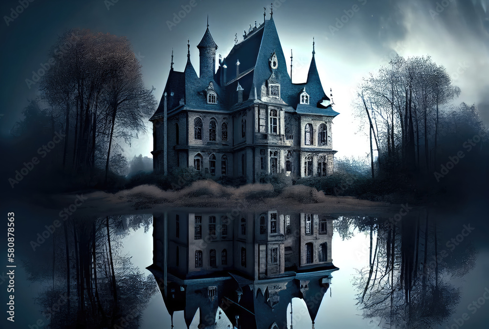 Haunted house old abandoned spooky castle on the lake island. Halloween ...