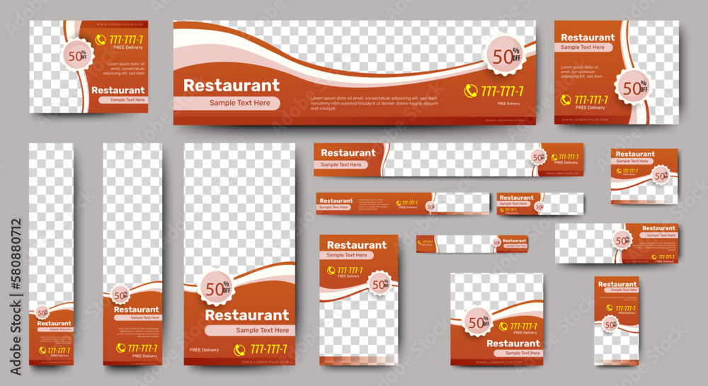 Restaurant Web advertising banner template design. Food web layout set ...