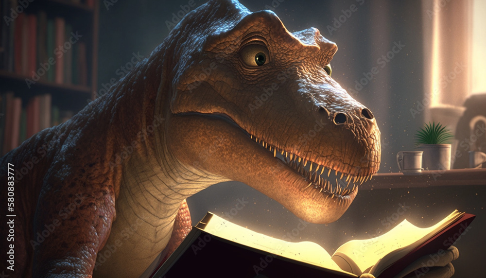 Cute Dinosaur Reading a Book Generative Art Stock Illustration | Adobe ...