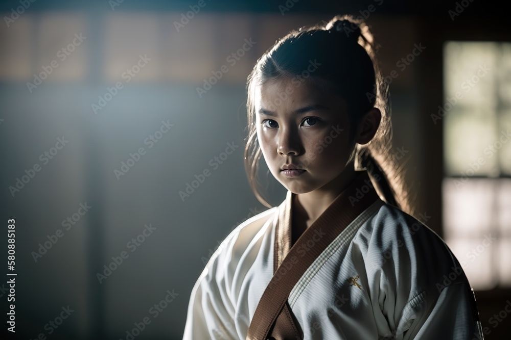 Asian girl in dojo concentrated in her practice of karate. Generative ...