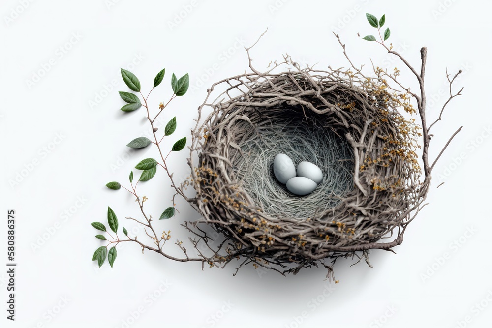 Top view layout of bird nest with small eggs. Generative AI ...