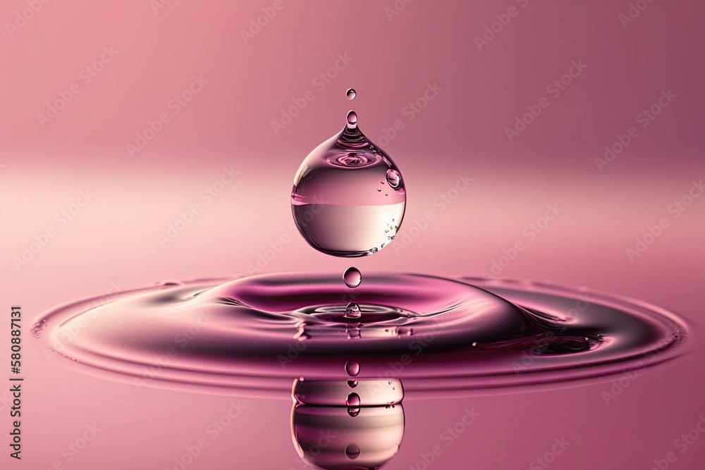 Macro image of a water droplet falling onto a pink, translucent fluid ...