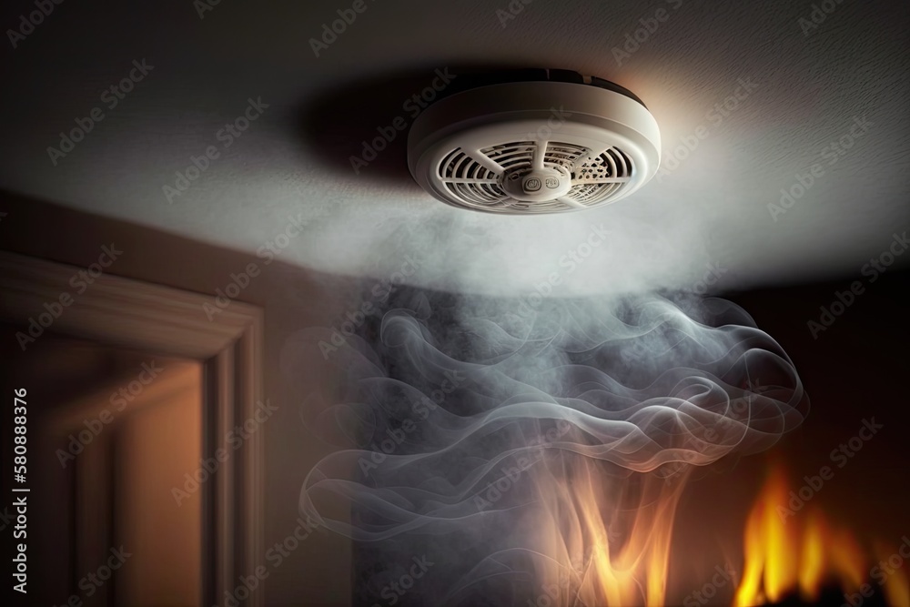 Smoke detector on the ceiling in case of fire alarm due to smoke as ...