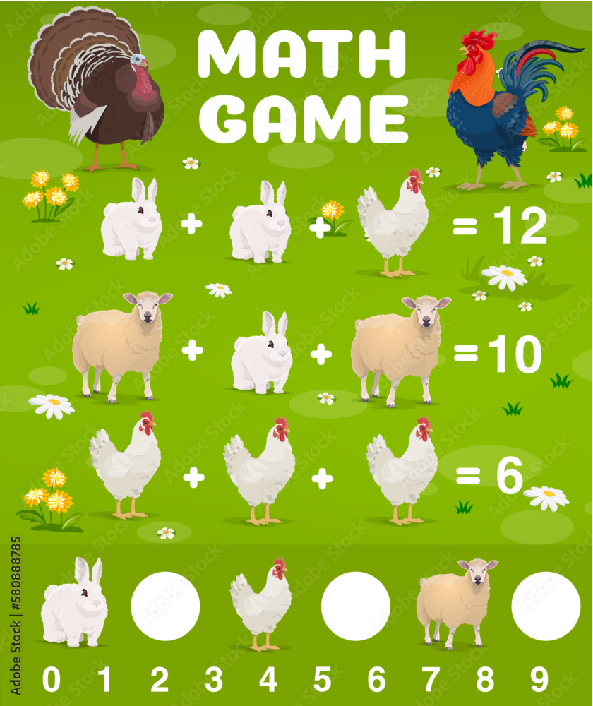 Cartoon farm animals math game worksheet. Vector mathematics riddle for ...