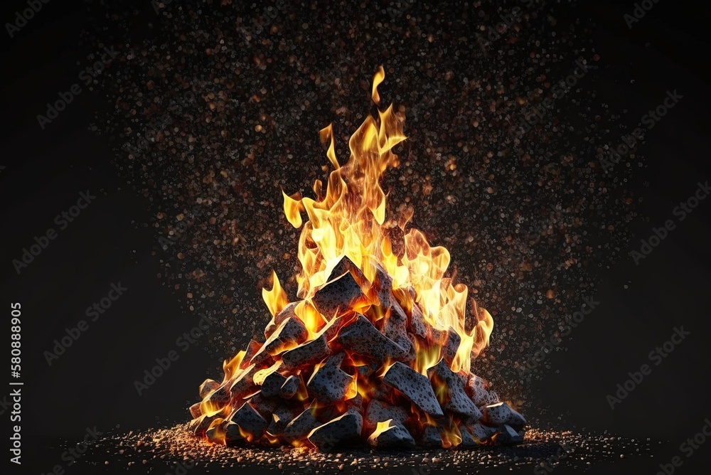 Flame ember spark fire particle close up on black backdrop for mockup ...