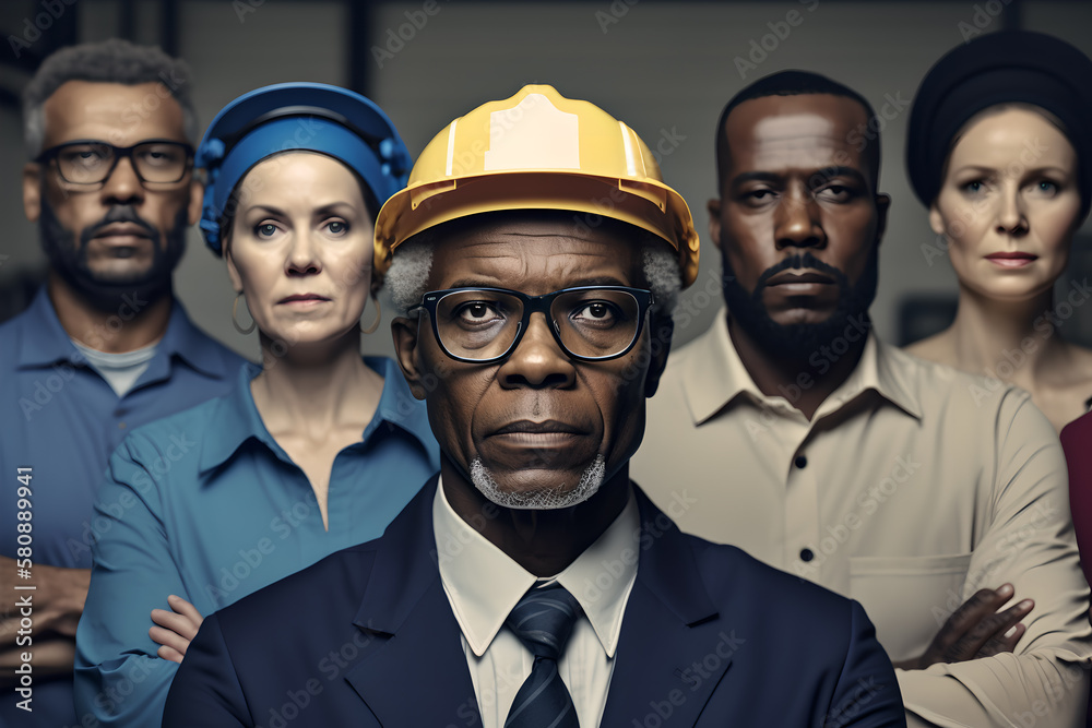 A group portrait of a diverse factory workforce, people of all races ...