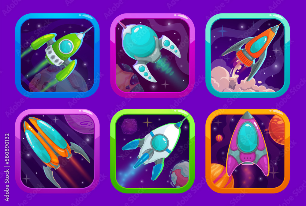 Cartoon space game app icons, spaceship rockets and galaxy starships ...