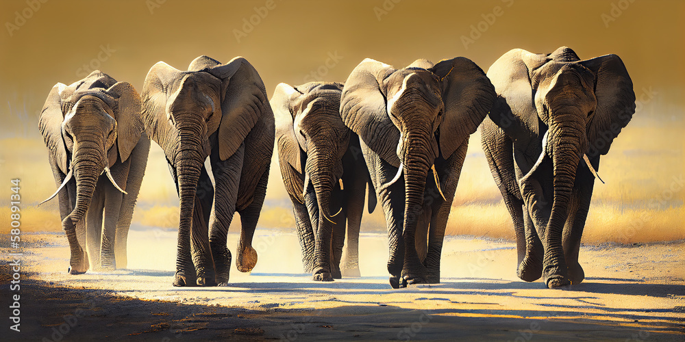 African elephants walking across the savannah, casting long shadows ...