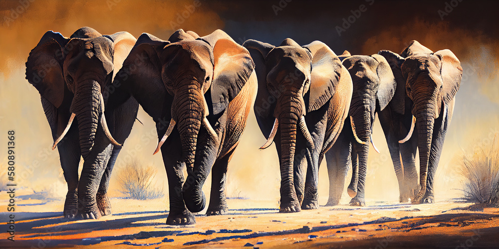 African elephants walking across the savannah, casting long shadows ...