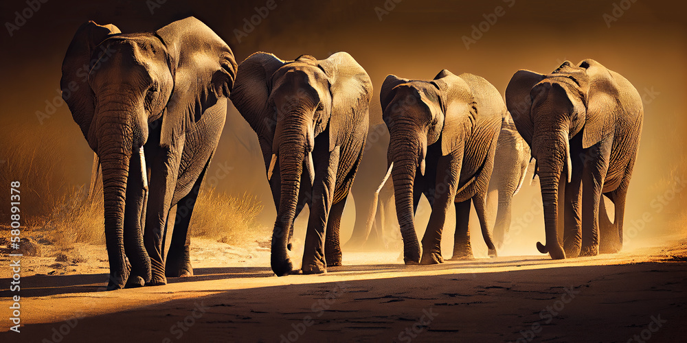 African elephants walking across the savannah, casting long shadows ...