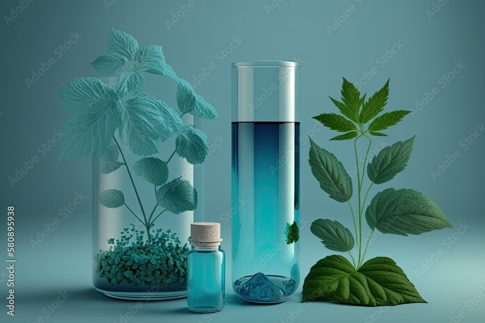 Light blue chemical solution in a glass tube, a glass puff, and an ...