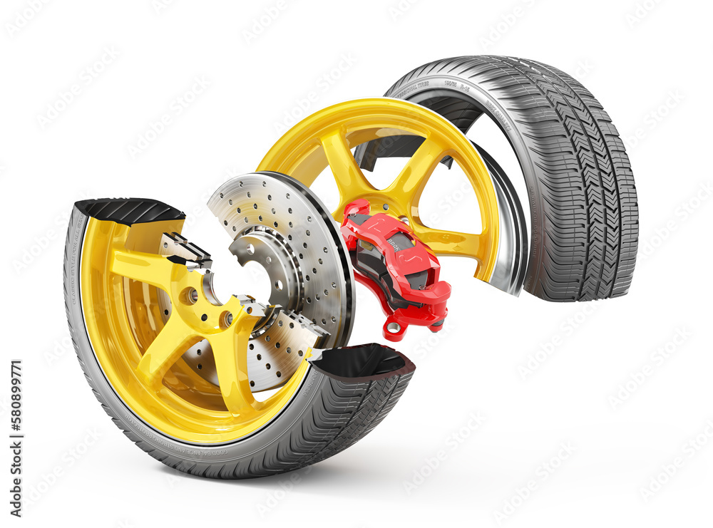 Wheel structure. Car wheel with brake isolated on a white background ...