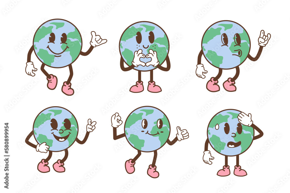 Set of earth characters in trendy retro cartoon style. Funny comic ...