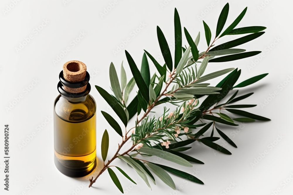 On a white background, a fresh tea tree branch and essential oil. Oil ...