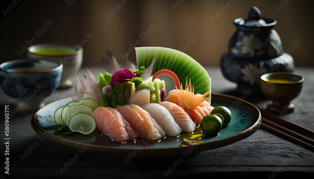 Colorful Sashimi Platter with Pickled Ginger and Wasabi, AI Generated ...