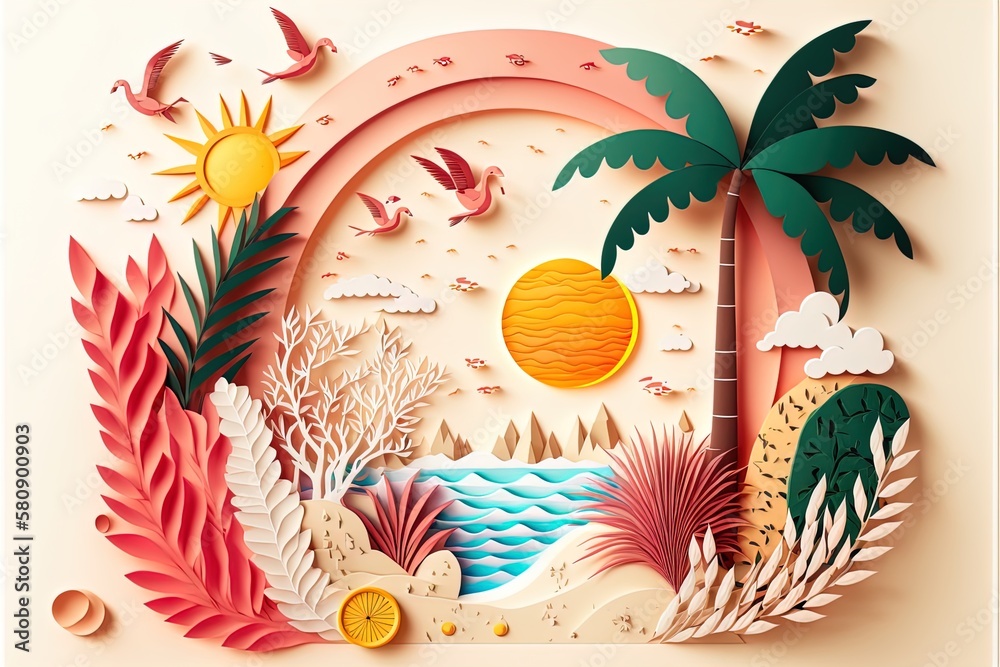 Abstract summer concept in papercut style in 8K created with generative ...