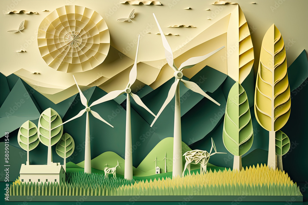 Paper art , renewable energy with green energy as wind turbines ...