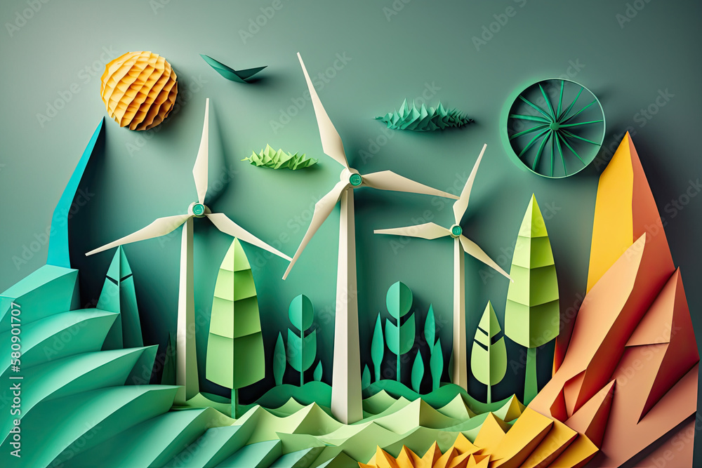 Paper art , renewable energy with green energy as wind turbines ...
