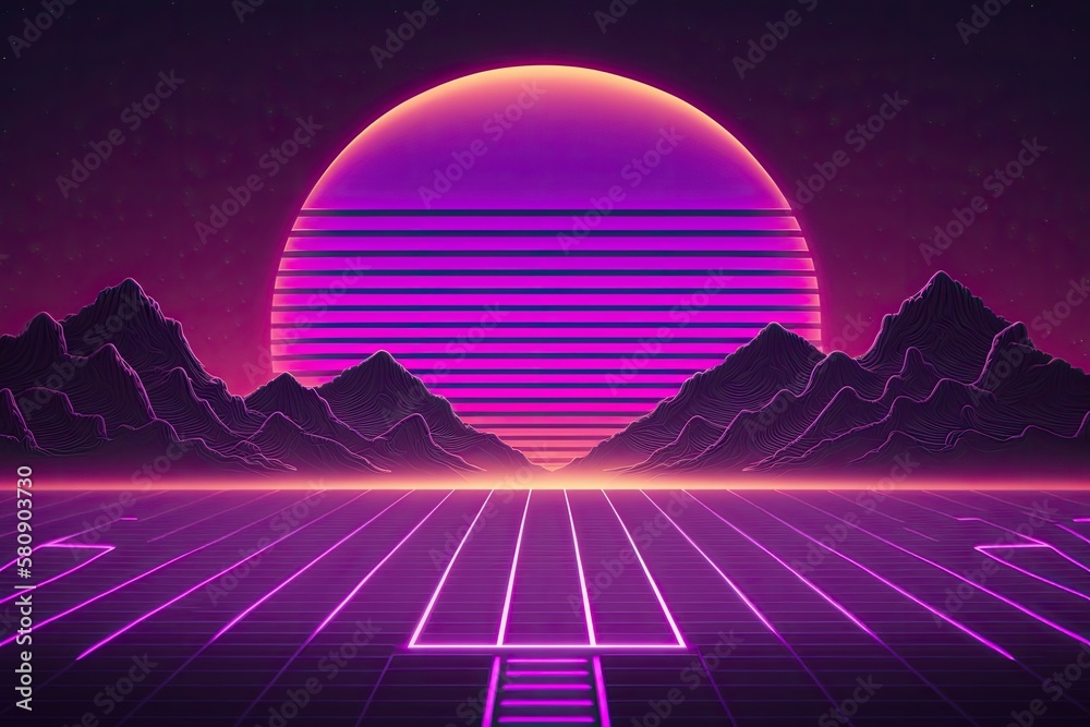 ภาพประกอบสต็อก futuristic but retro setting. Purple sun with purple ...