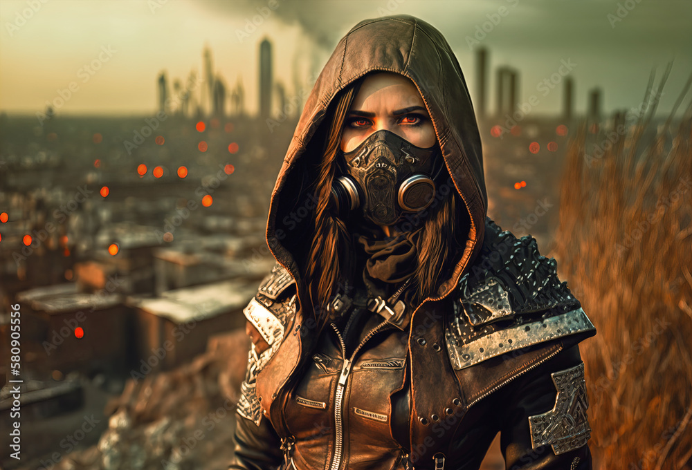 Stalker girl on the outskirts of the city. Realistic digital ...