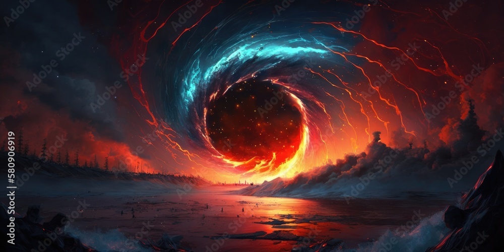 Interdimensional portal rift aurora opening in space over rugged winter ...