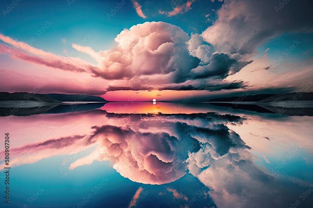 Clear blue sunset sky with glowing pink clouds above the sea. Symmetry ...