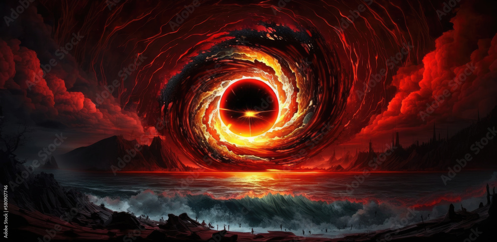 Interdimensional portal rift aurora opening in space over rugged winter ...