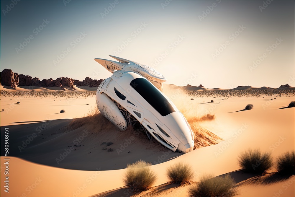 Space ship crashed in the desert of an unknown planet in 8K created with generative ai ...