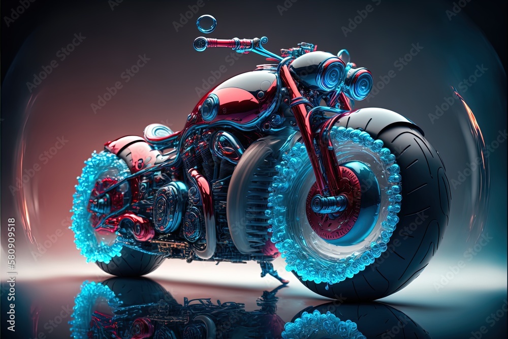 Futuristic Glass Motorcycle with Massive Wheels in Dynamic Red and Blue ...