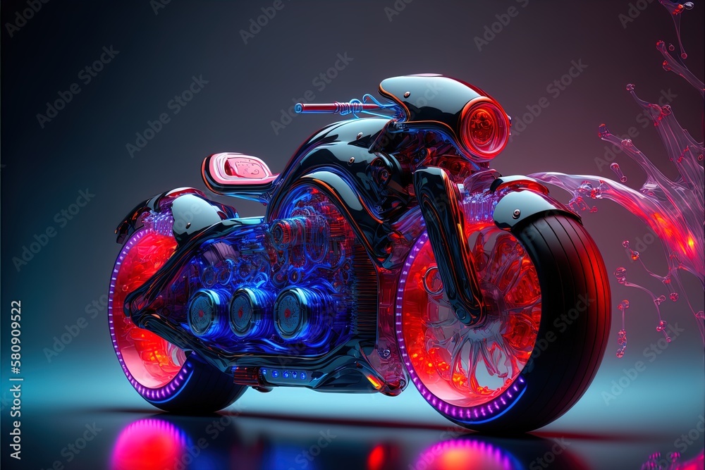 Futuristic Glass Motorcycle with Massive Wheels in Dynamic Red and Blue ...