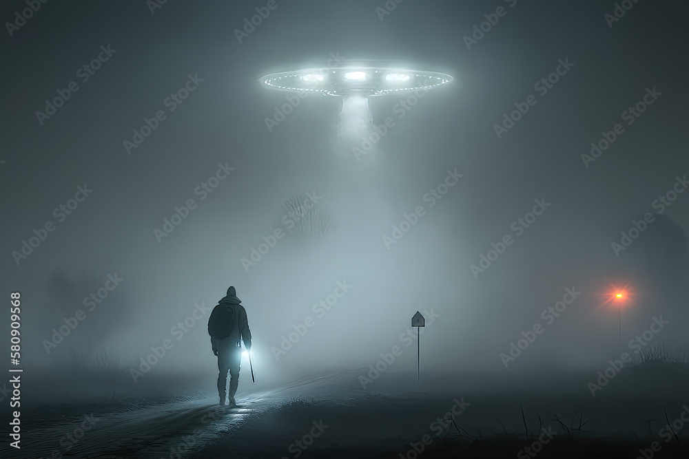 A surreal encounter! One man spotting a UFO amidst mist and lights ...