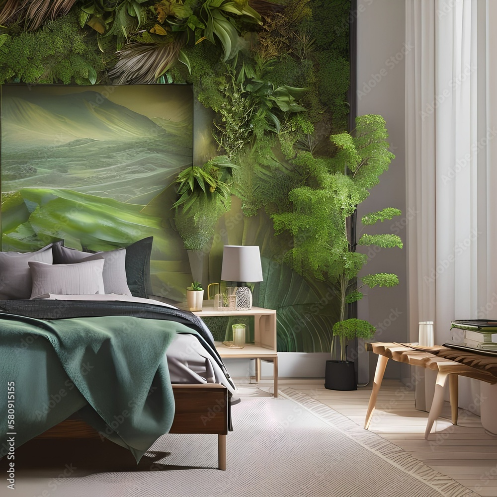 7 A nature-inspired bedroom with an earthy color scheme, plants and a mural of a forest scene2 ...