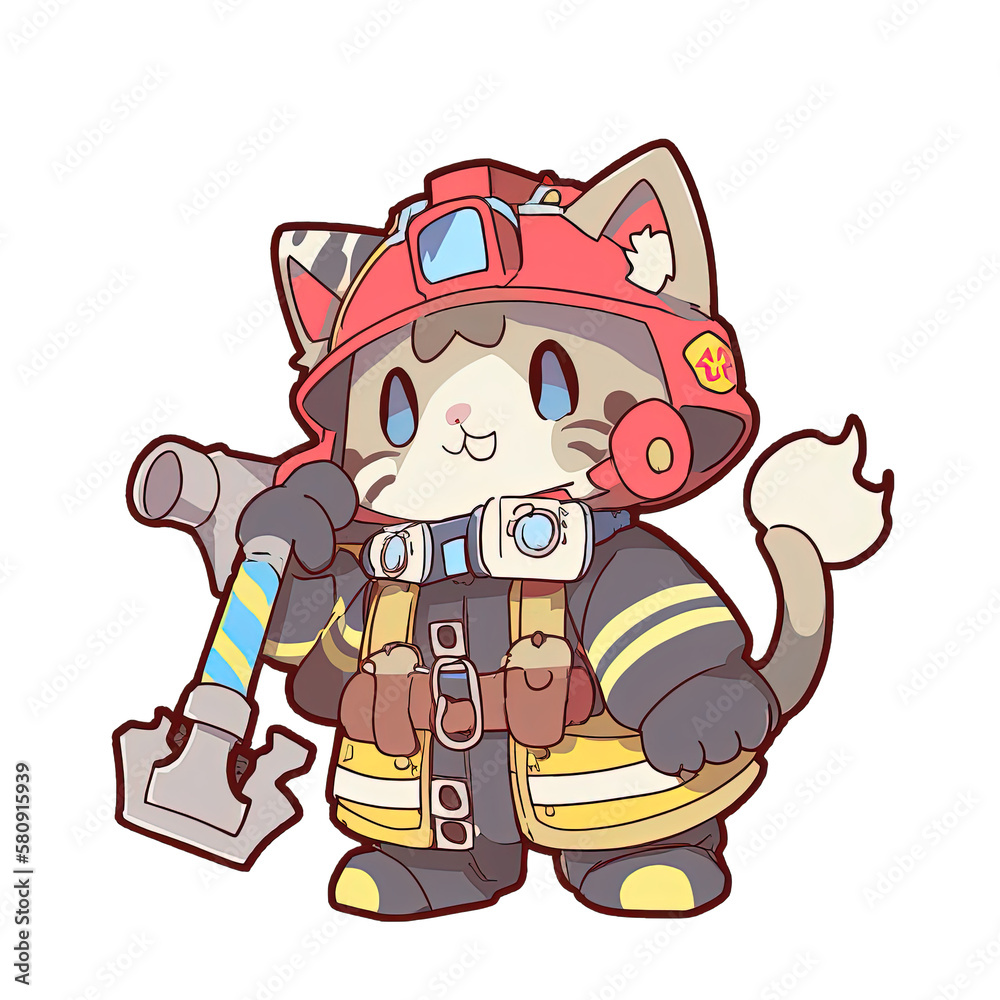 Cartoon firefighting cat, generated AI, generated, AI Stock ...