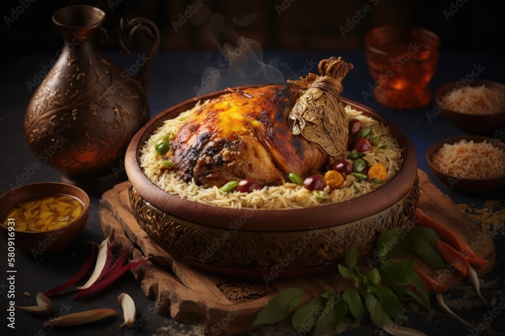 Yemeni style mandi kabsa. Rice and baked chicken in a festive meal ...
