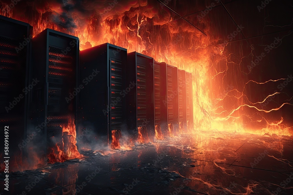Disaster in data center room with burning servers and storage ...