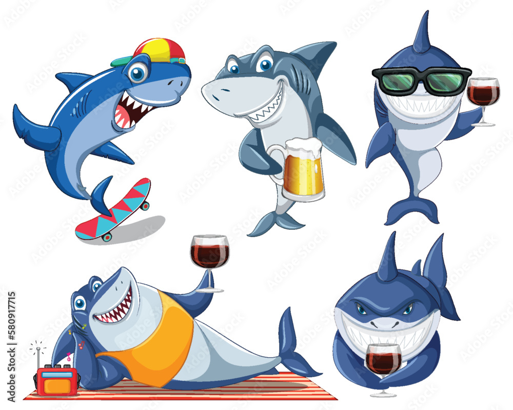 Shark Doing Different Activities Cartoon Characters Stock Vector ...
