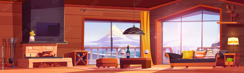 Chalet interior with fireplace in winter cabin cartoon vector ...