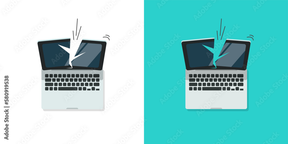 Broken laptop screen crack icon vector, computer display damage break ...