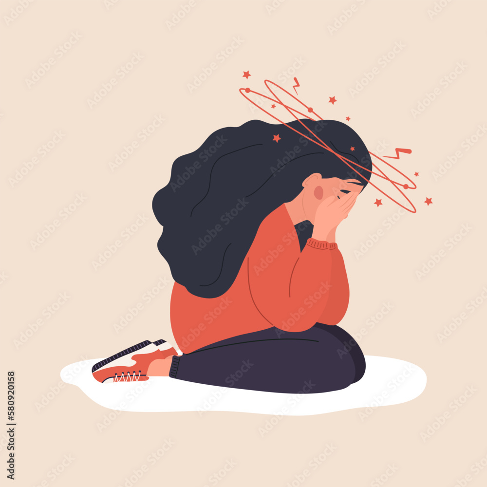 Iron deficiency anemia. Sad woman with headache sitting on floor ...