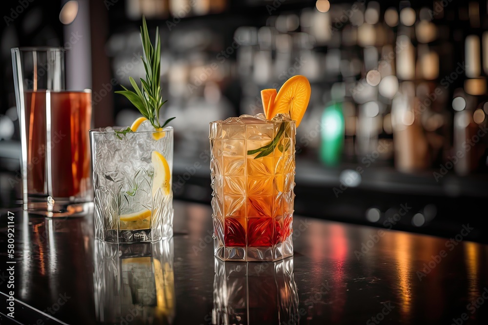 Variety of classic Cocktails on bar counter. Photo generative AI Stock ...