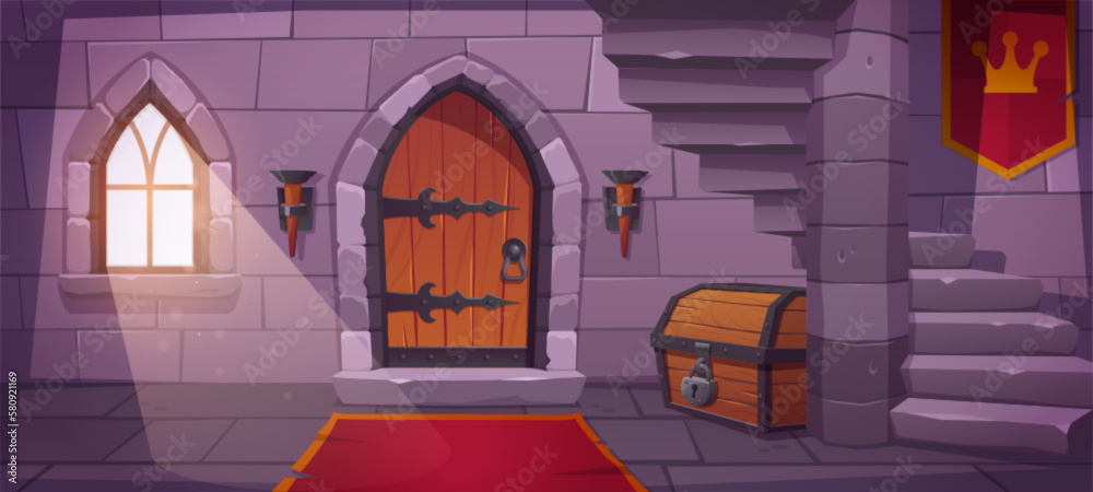 Underground dungeon in castle basement with old wooden door. Vector ...