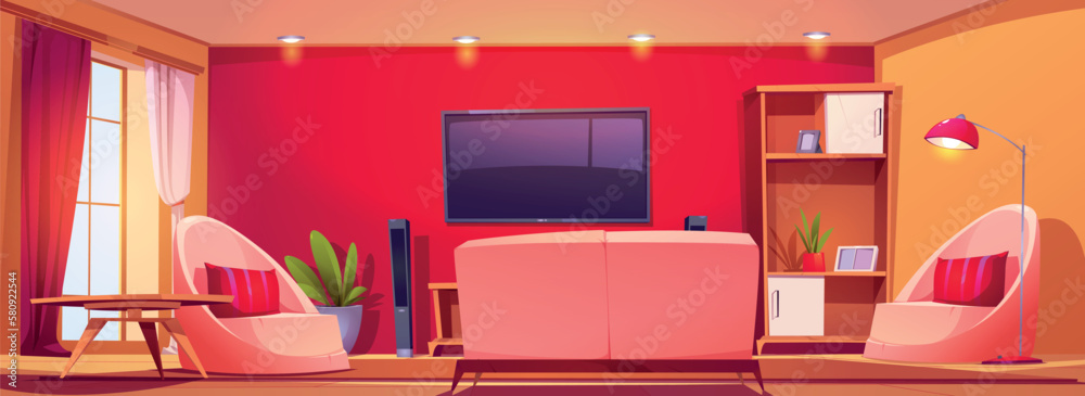 Living room interior with red wall, tv and couch, back view cartoon ...