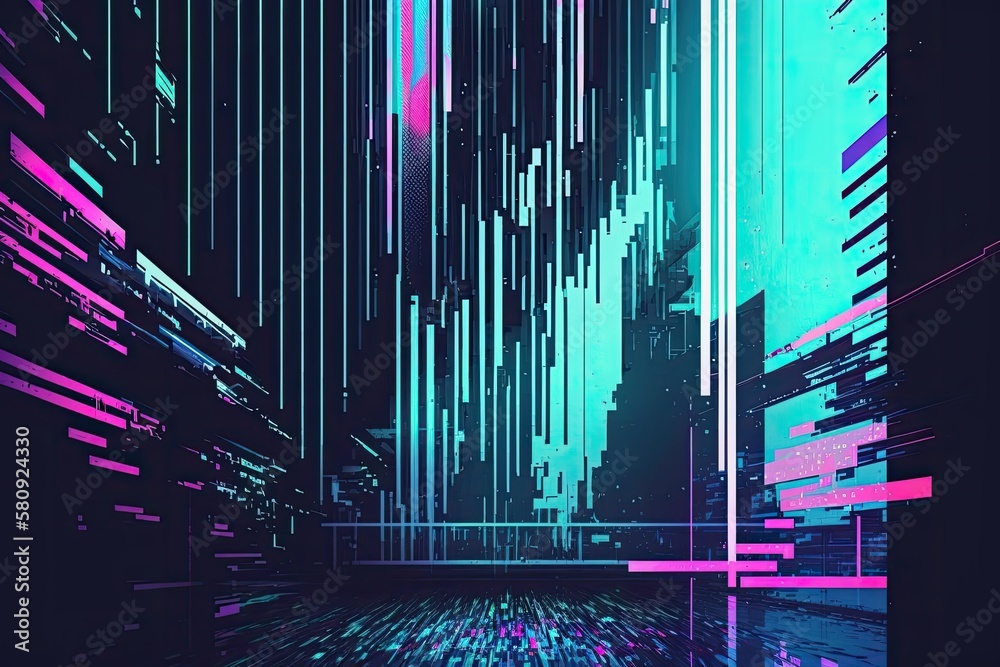 Background in an abstract shade of blue, green, and pink with interlaced digital glitch and ...