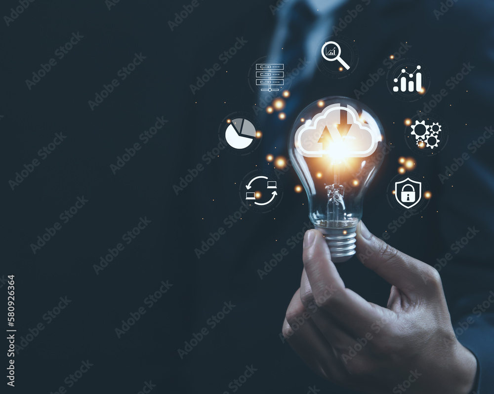 Light bulb showing cloud computing technology data diagrams and icons ...