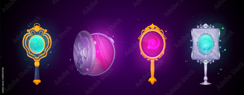 Magic mirrors with vintage silver and gold frames. Antique oval hand ...