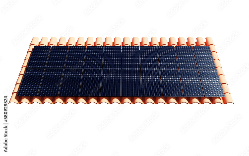 Solar panels on a rooftop on a transparent background. 3D Render Stock ...